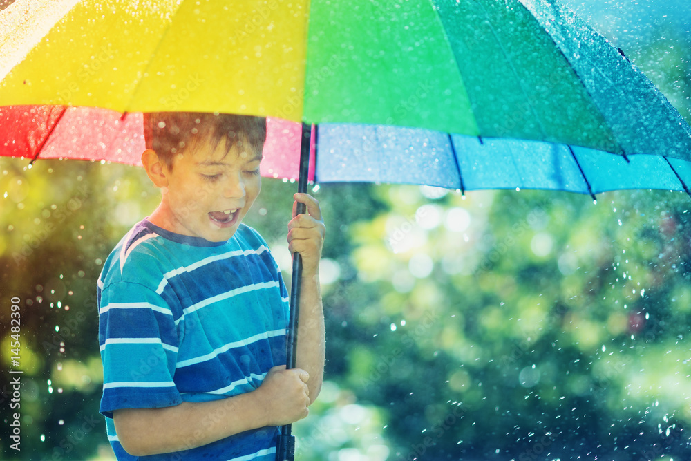 Child With Umbrella In Rain
