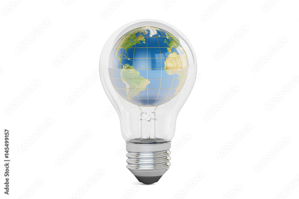 Light bulb with earth globe inside, save energy concept. 3D rendering ...
