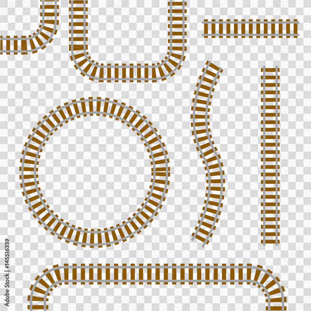 Vector railroad and railway tracks construction elements. Wavy trackway structure for traffic ...