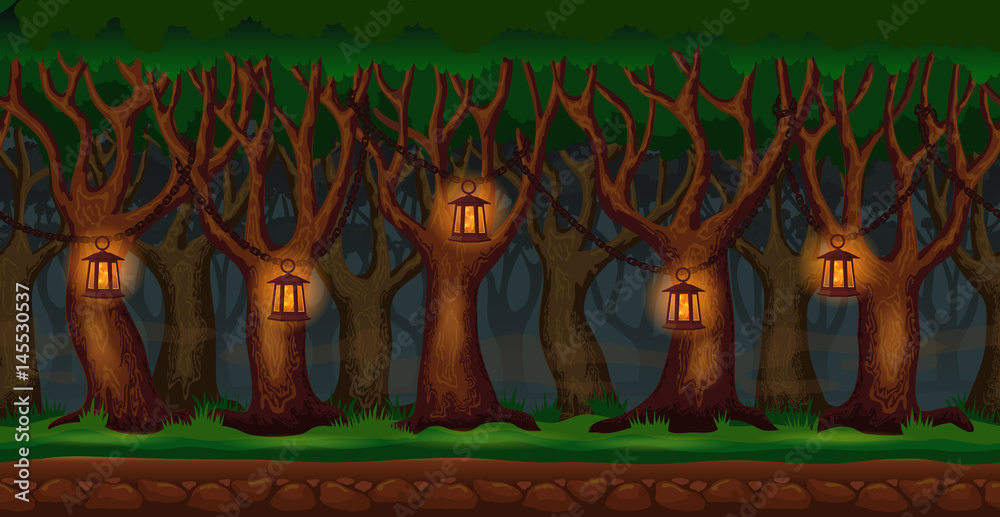 Panorama cartoon background of a forest. Seamless parallax for 2D ...