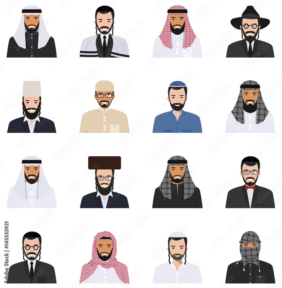 Different jewish and muslim arab men characters avatars icons set in ...