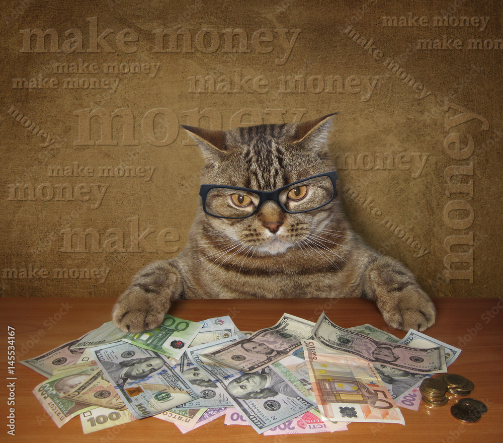 The clever cat banker is sitting at the table and counting his money ...