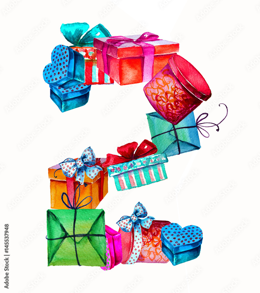 Number 0 from gift boxes with with bows and ribbons. Watercolor ...