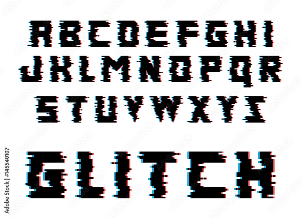 Glitch alphabet letters. Font with distortion effect. Isolated vector ...