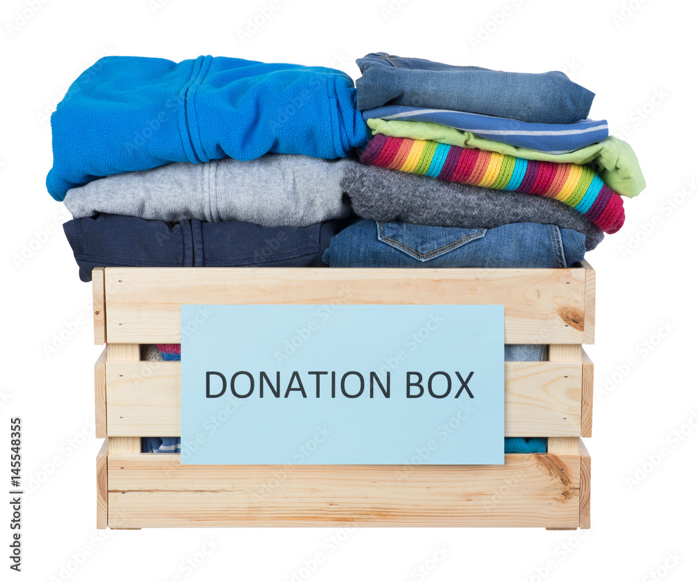Clothes donations box isolated on white background Stock Photo | Adobe ...