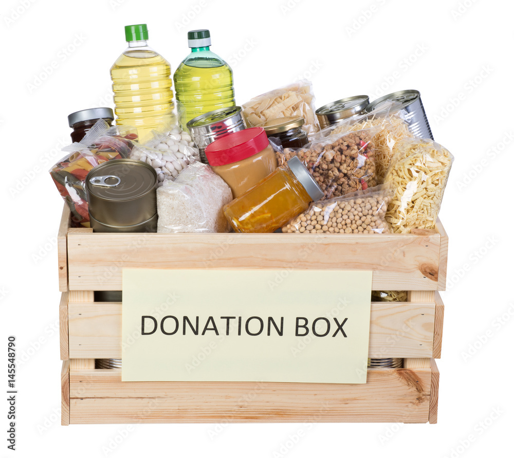 Food donations box isolated on white background Stock Photo | Adobe Stock