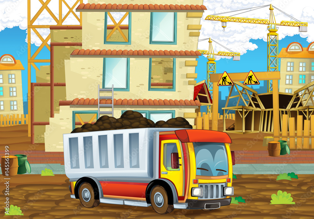 cartoon scene of a construction site with heavy truck loader ...