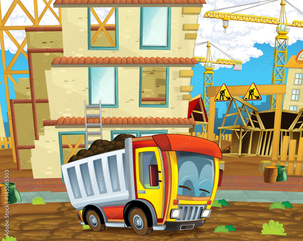 cartoon scene of a construction site with heavy truck loader ...