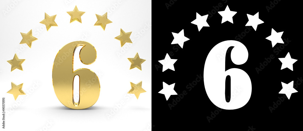Golden number six on white background with drop shadow and alpha ...