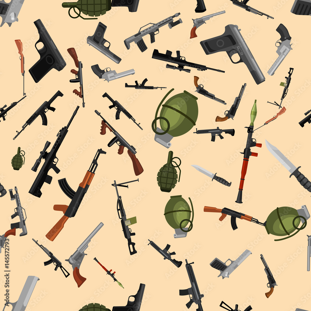 military gun seamless pattern, automatic and hand weapon in magazine ...