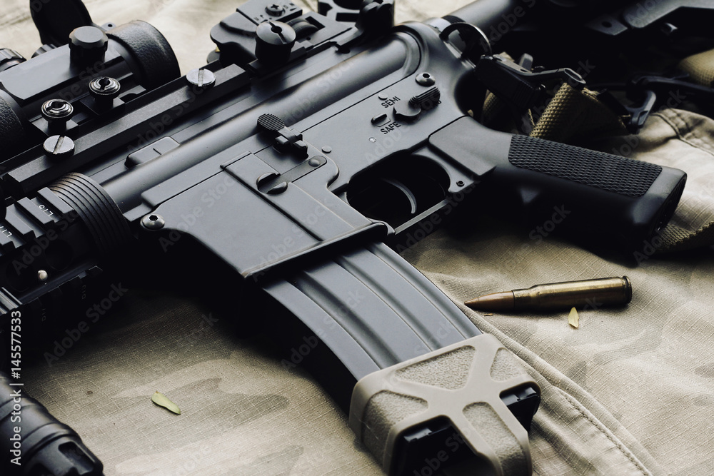 Close-up of a M4A1 weapons and military equipment for army, Assault ...