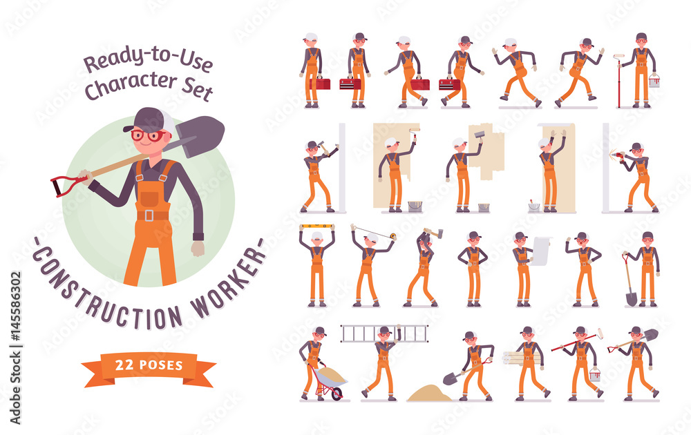 Ready-to-use young male worker character set, various poses and ...