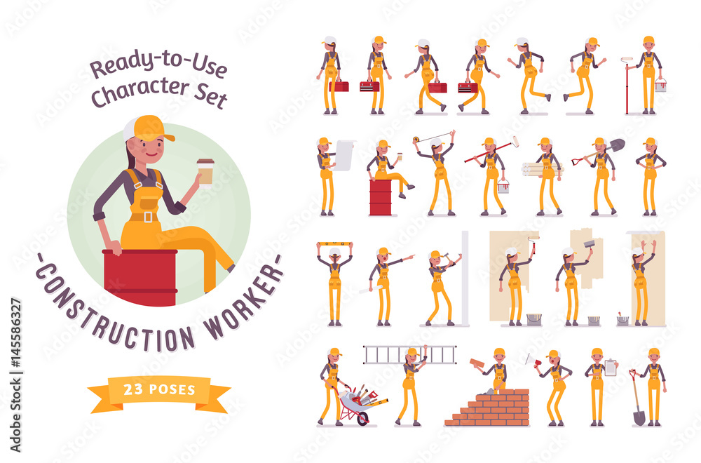 Ready-to-use young female worker character set, various poses and ...