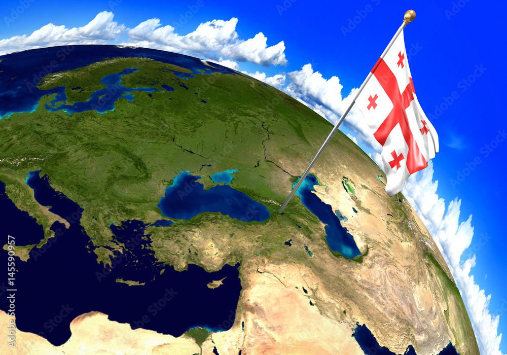 Georgia national flag marking the country location on world map. 3D ...