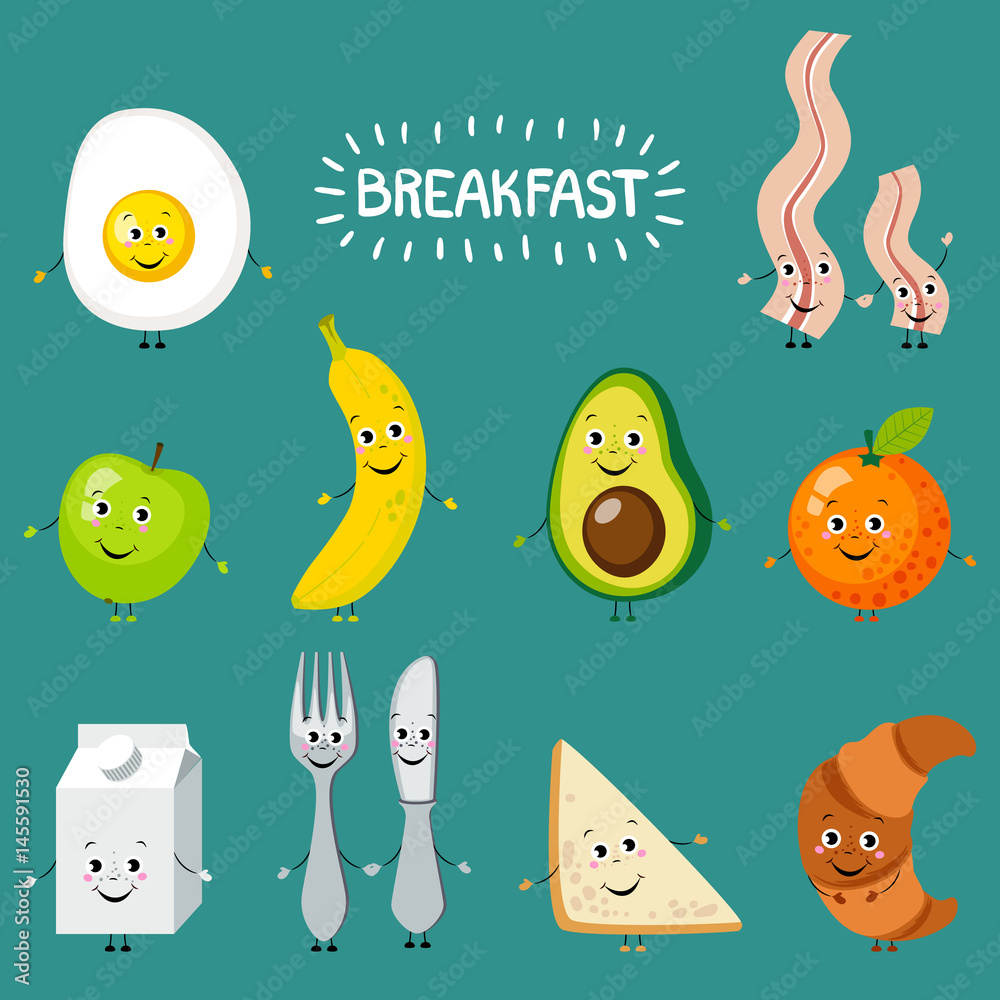 Set of cartoon food: breakfast. Funny comic eggs and bacon,sandwich ...