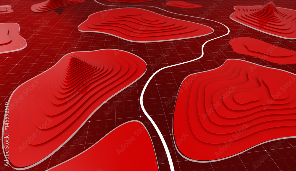 Red topographic background with white curves on grid surface Stock ...