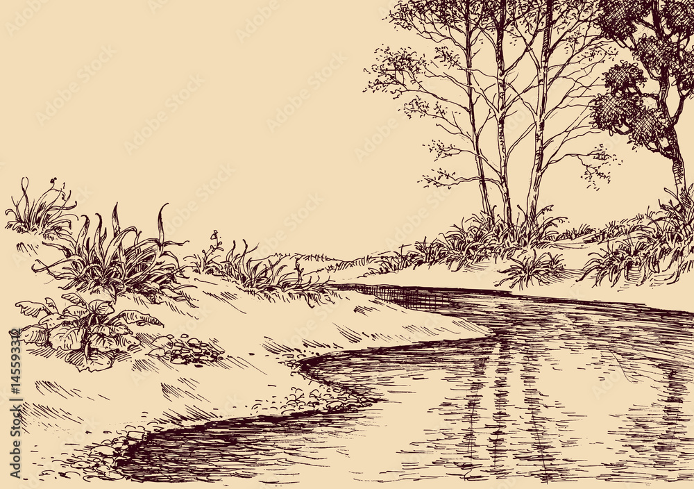 Landscape drawing. River flow and vegetation Stock Vector | Adobe Stock