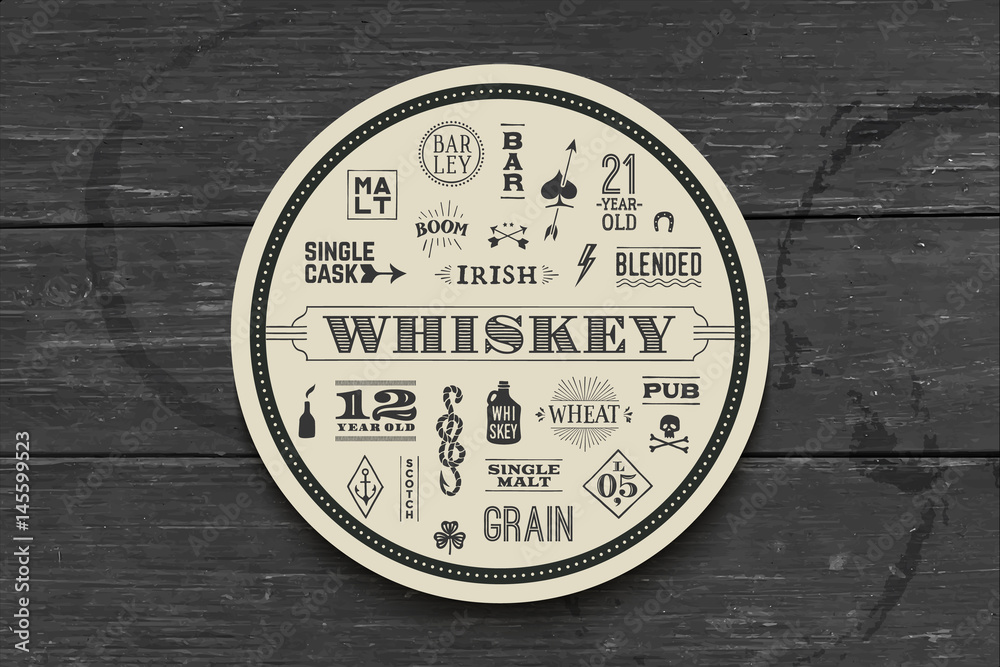 Coaster for whiskey and alcoholic beverages. Vintage drawing for bar ...