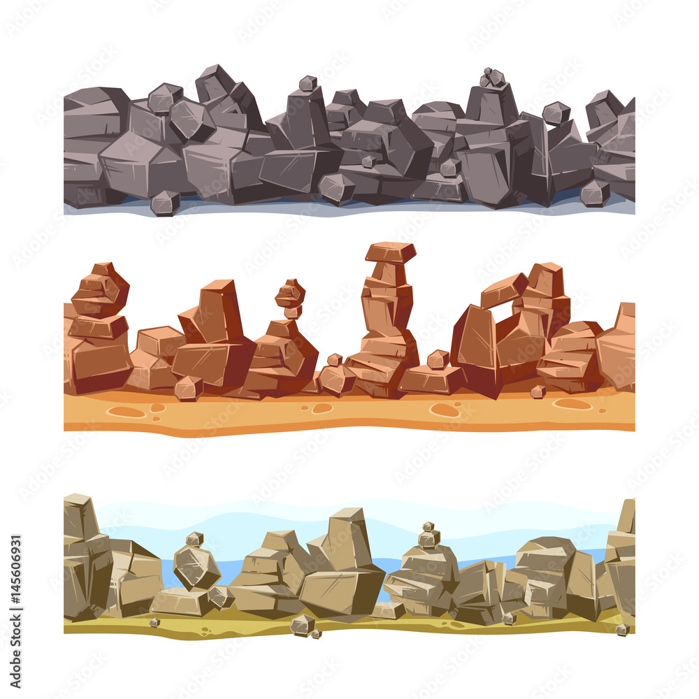 Three horizontal seamless rocky, mountains landscape for game user ...