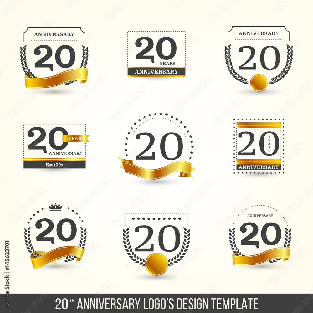 20th anniversary logo set with gold elements. Vector illustration ...