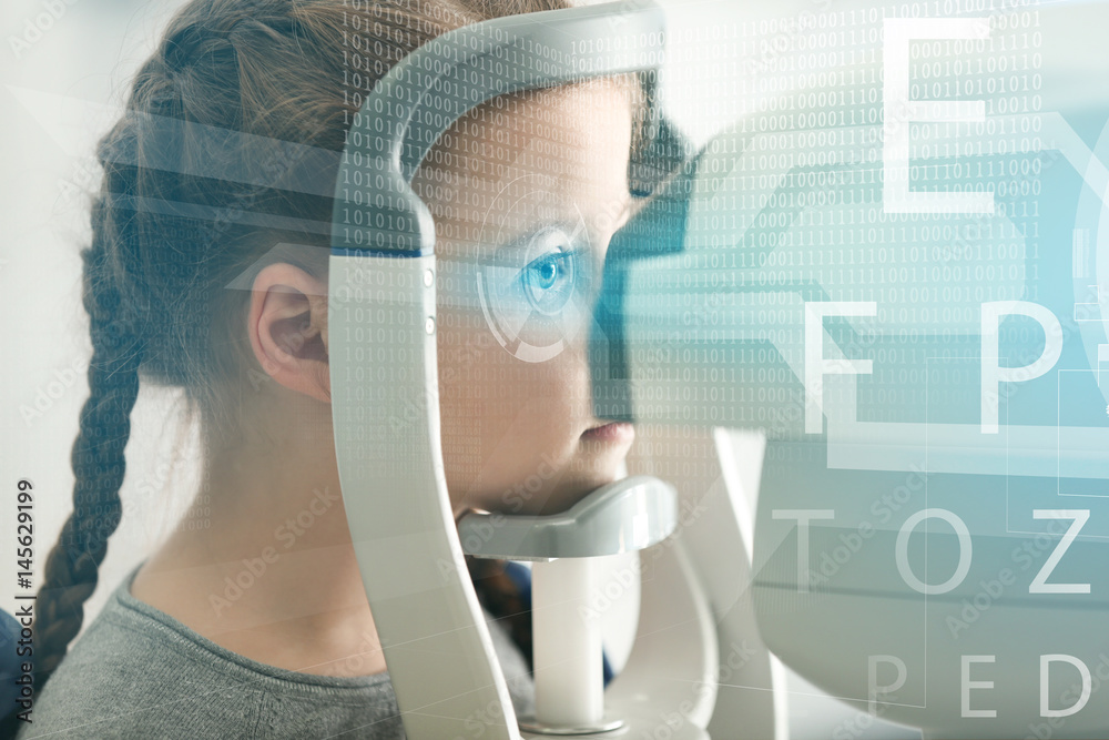 Measuring intraocular pressure of little girl in clinic, closeup Stock ...