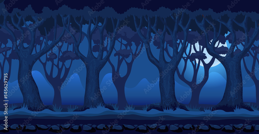 Panorama cartoon background of a forest. Seamless parallax for 2D ...