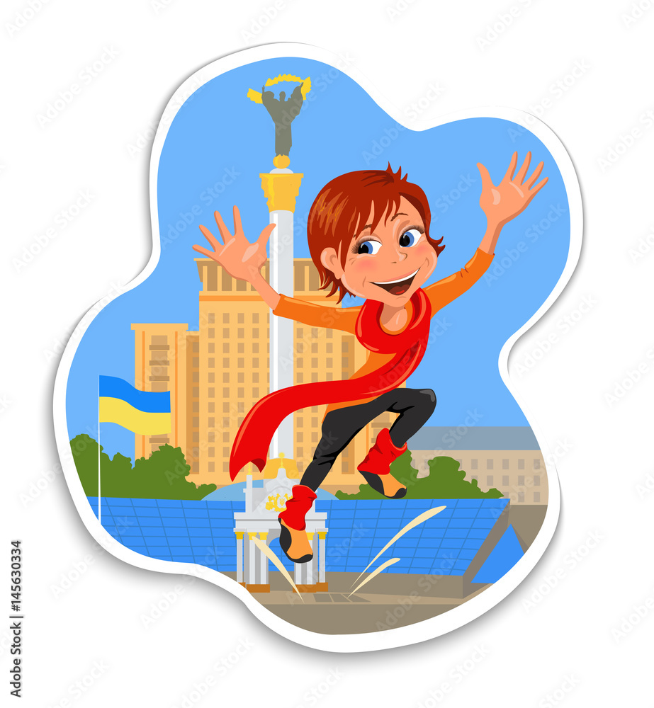 Cartoon happy teenage girl jumping joyfully against the background of ...