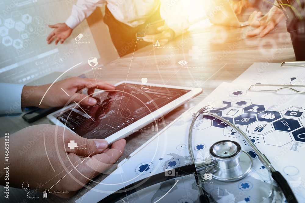 Medical teamwork concept,Doctor working with smart phone and digital ...