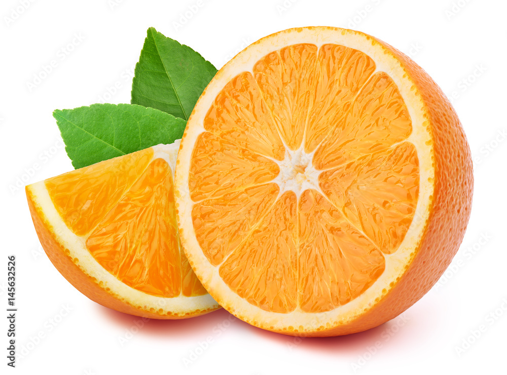 Perfectly retouched half of the orange with slice and leaves isolated ...