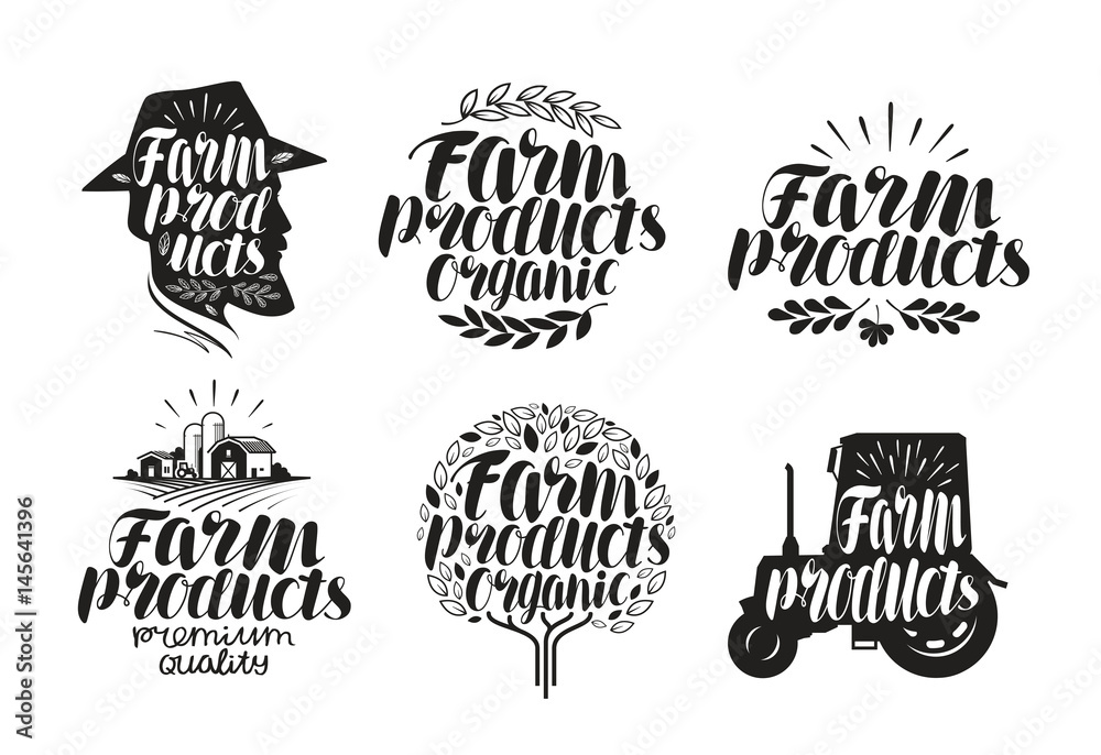 Farm products, lettering. Agriculture, farming label or logo ...