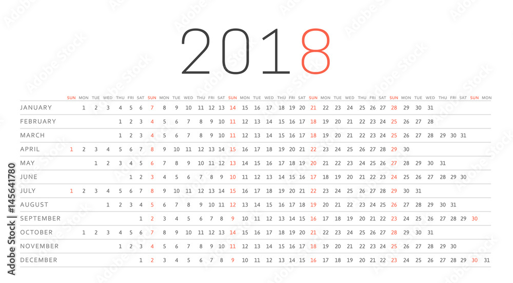 Simple Calendar 2018. Week starts on Sunday. Template for printing ...