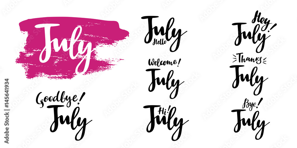 Hello - bye July summer calligraphic set. Vector isolated illustration ...