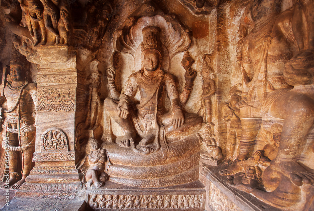Great example of Indian rock-cut architecture. Hindu Lord Vishnu ...