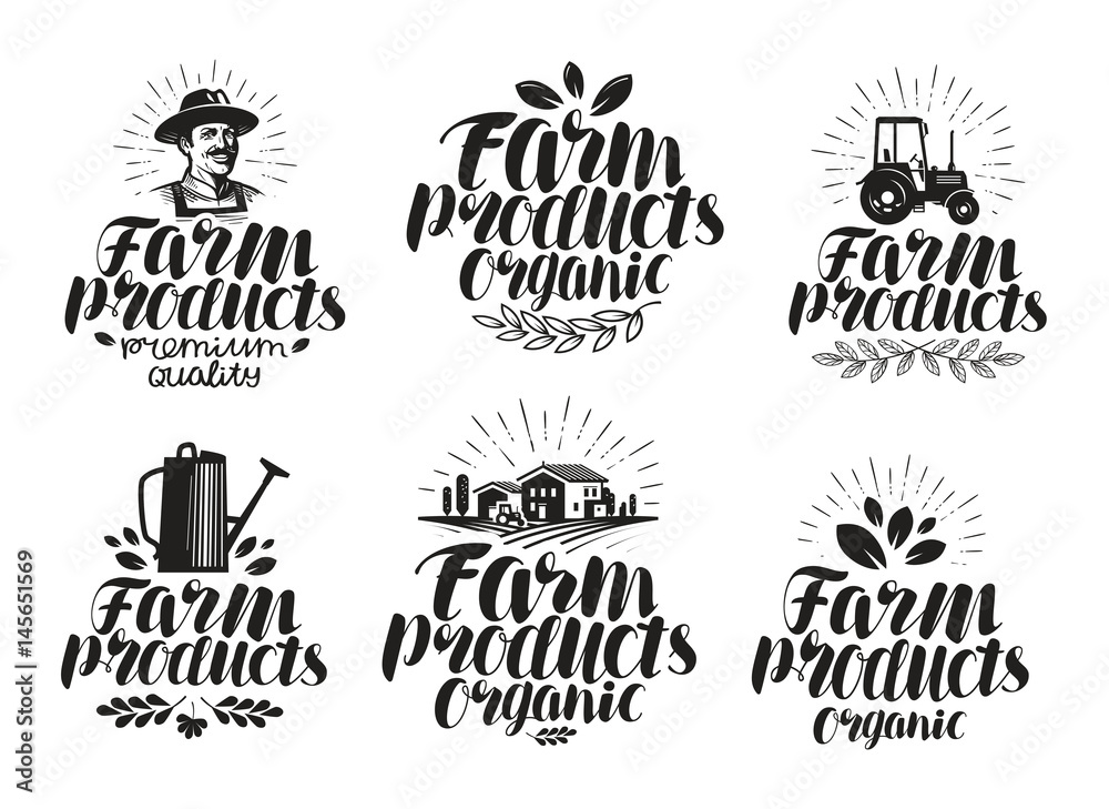 Farm products, label set. Farming, agriculture icon or symbol ...