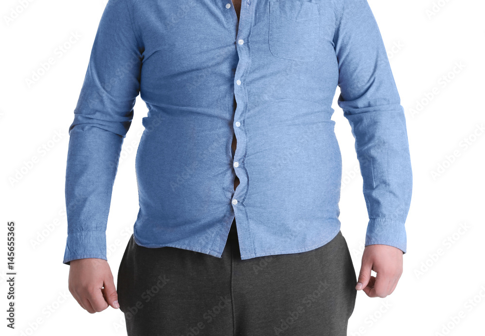 Fat man on white background. Weight loss concept Stock Photo | Adobe Stock