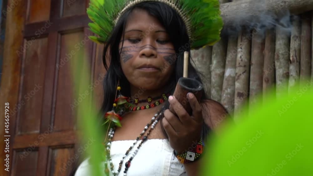 Indigenous Woman Smoking Pipes in a Tupi Guarani Tribe, Brazil Stock ...