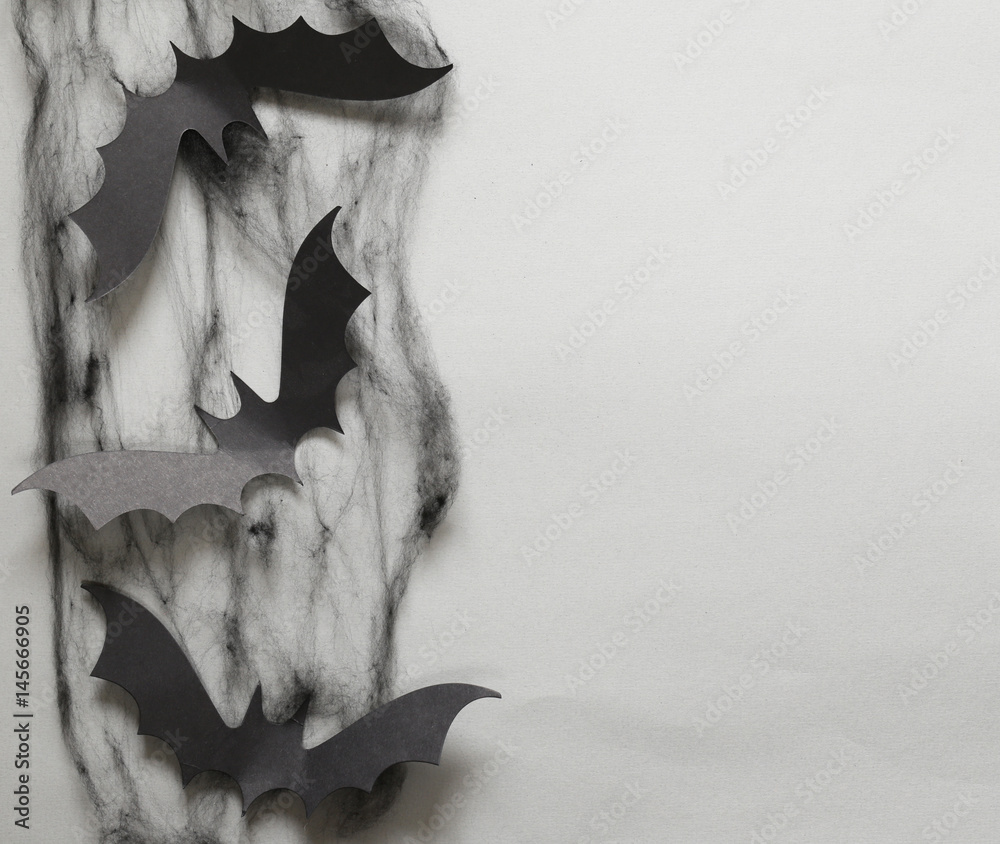 Halloween decorations - black spider web, spider and bats Stock Photo ...