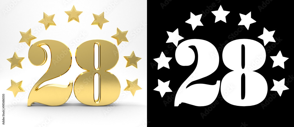 ภาพประกอบสต็อก Golden number twenty eight on white background with drop ...
