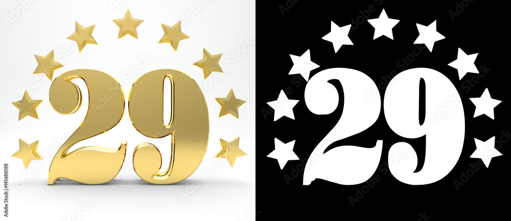 Golden number twenty nine on white background with drop shadow and ...