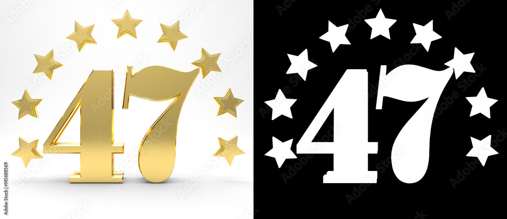 Golden number forty seven on white background with drop shadow and ...