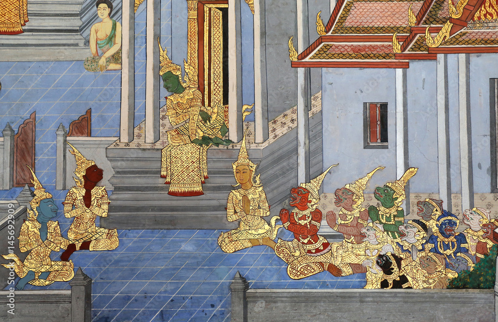 Traditional Thai Painting Art About Ramayana Story On Display At The