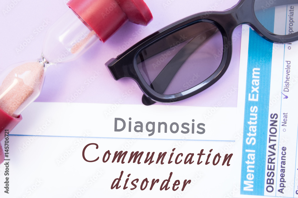 Diagnosis of Communication Disorder. Hourglass, doctor glasses, mental ...