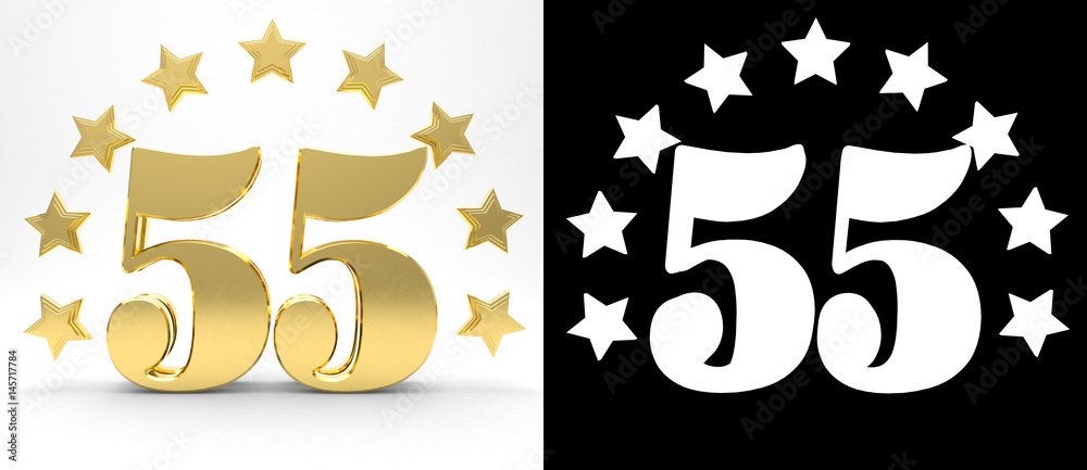 Golden number fifty five on white background with drop shadow and alpha ...