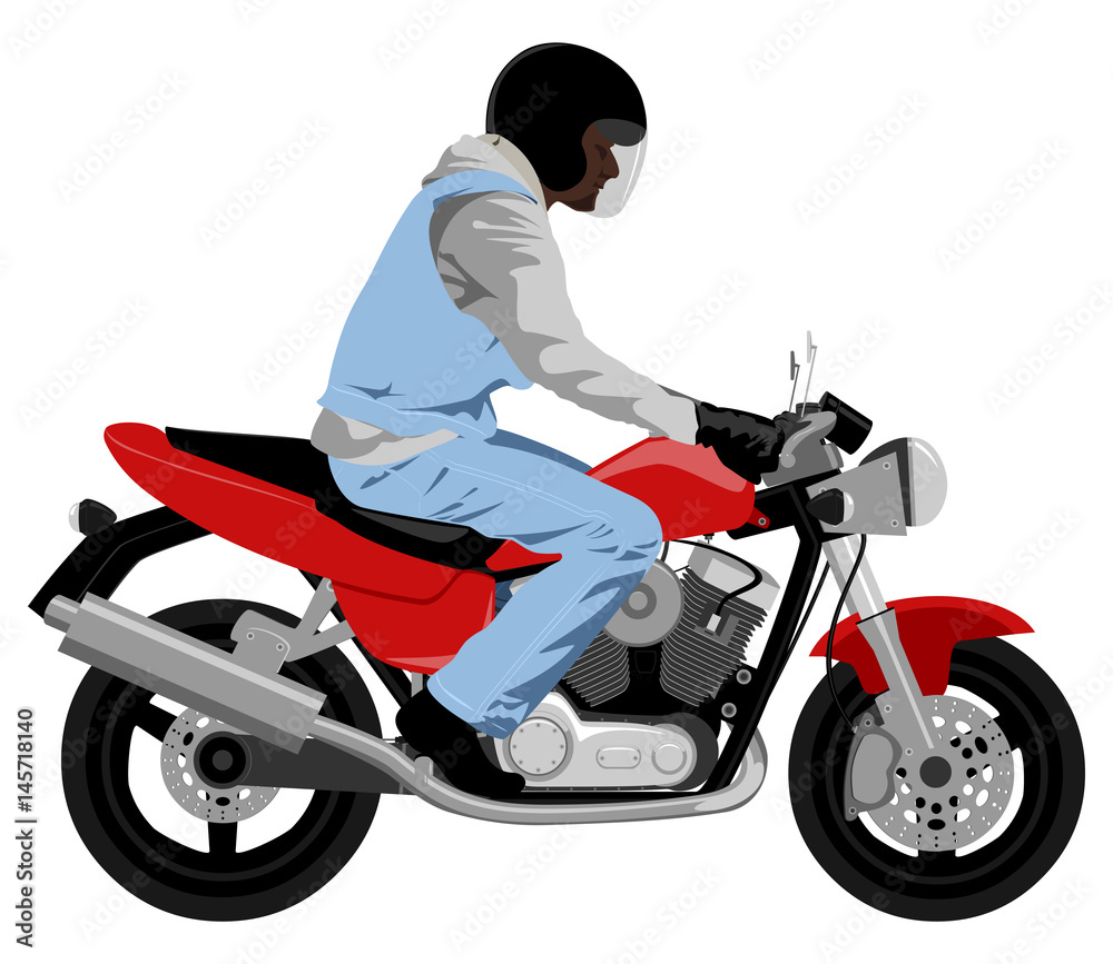 Color classic motorcycle with rider wearing sleeveless jacket, hoodie ...