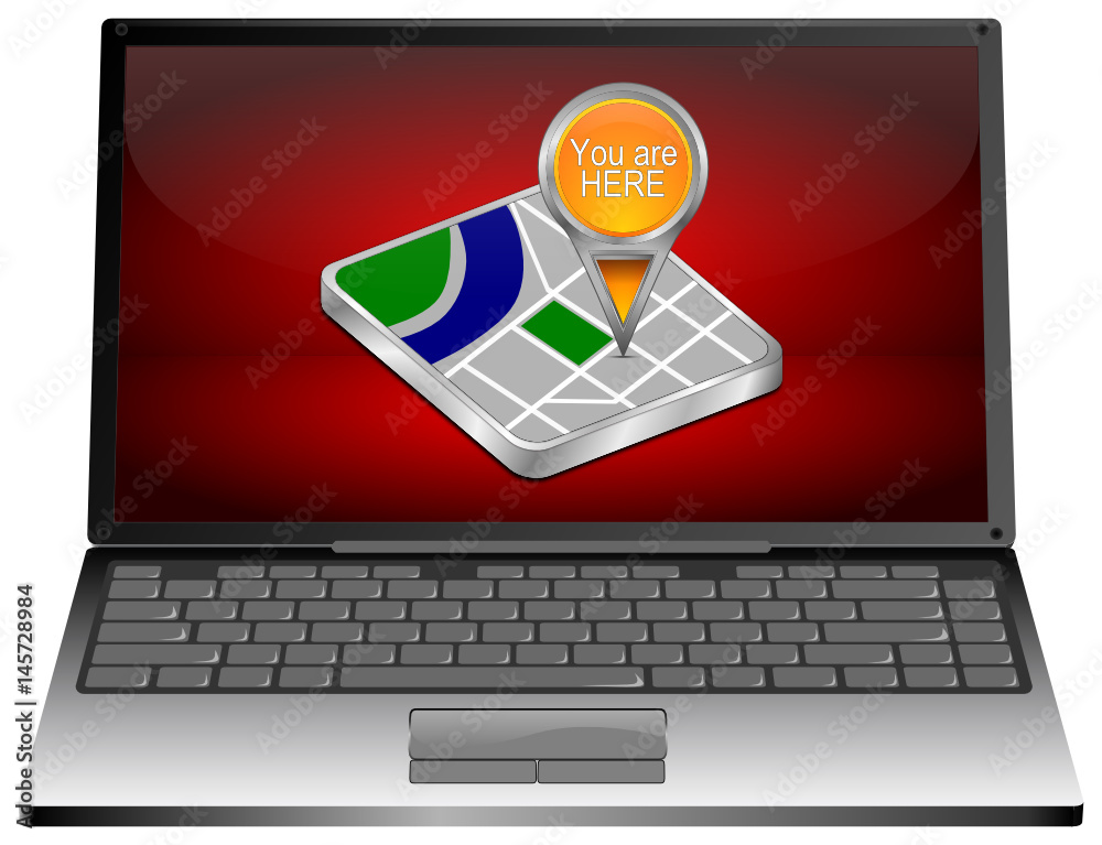 Laptop Computer with You are Here Map Pointer - 3D illustration Stock ...