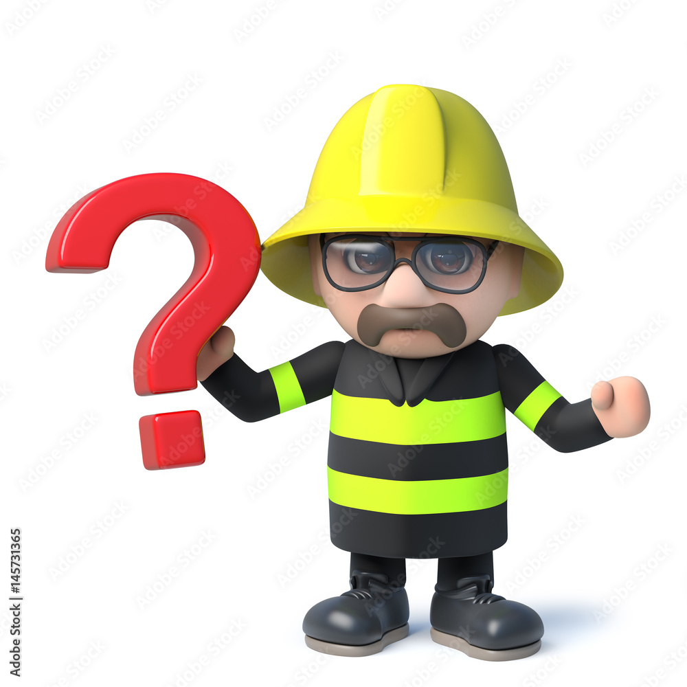 3d Funny cartoon fireman character holding a question mark Stock ...