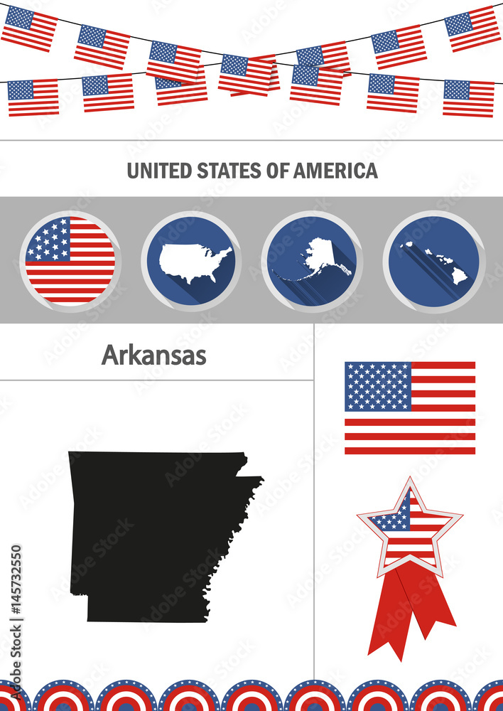 Map of Arkansas. Set of flat design icons nfographics elements w Stock ...
