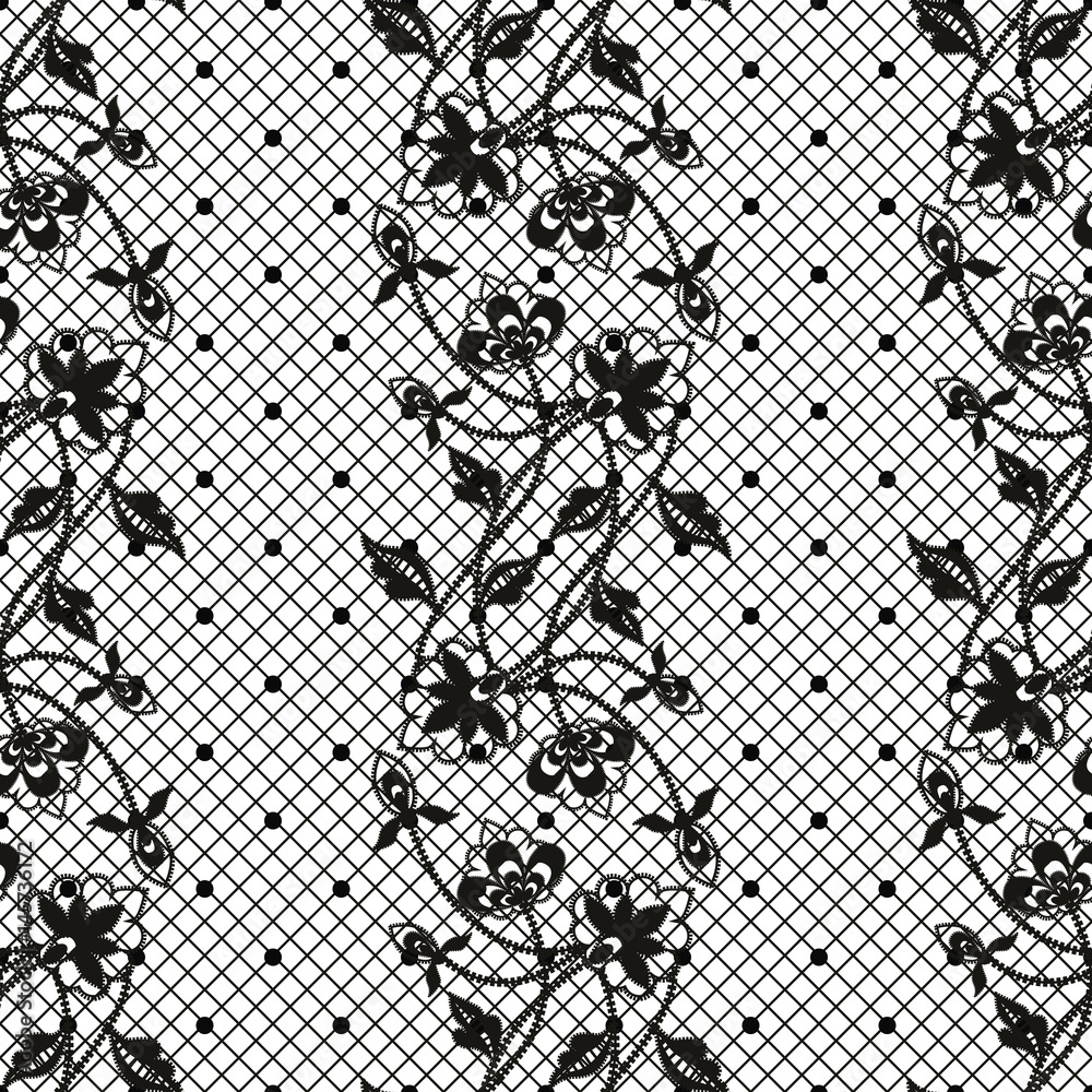 Black seamless lace floral pattern on white background. Infinitely ... Black seamless lace floral pattern on white background. Infinitely ...