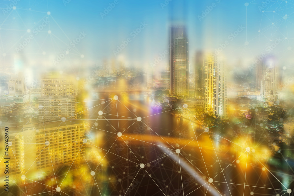 Network connection technology with modern cityscape background. Network ...