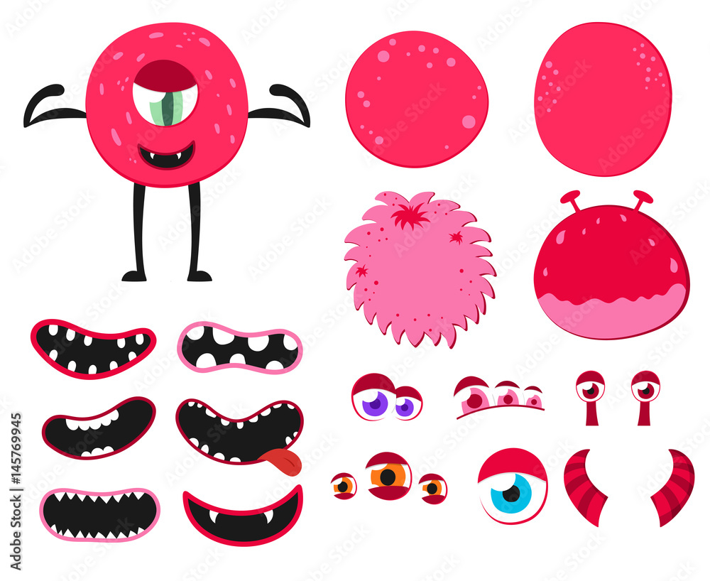 Cartoon funny monsters creation kit. Create your own monster set ...